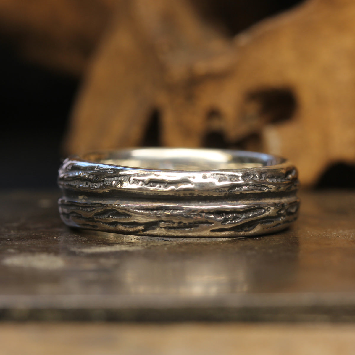 Gothic Men's Silver Wedding Ring - Rustic Grooved Band – hellcatjewellery