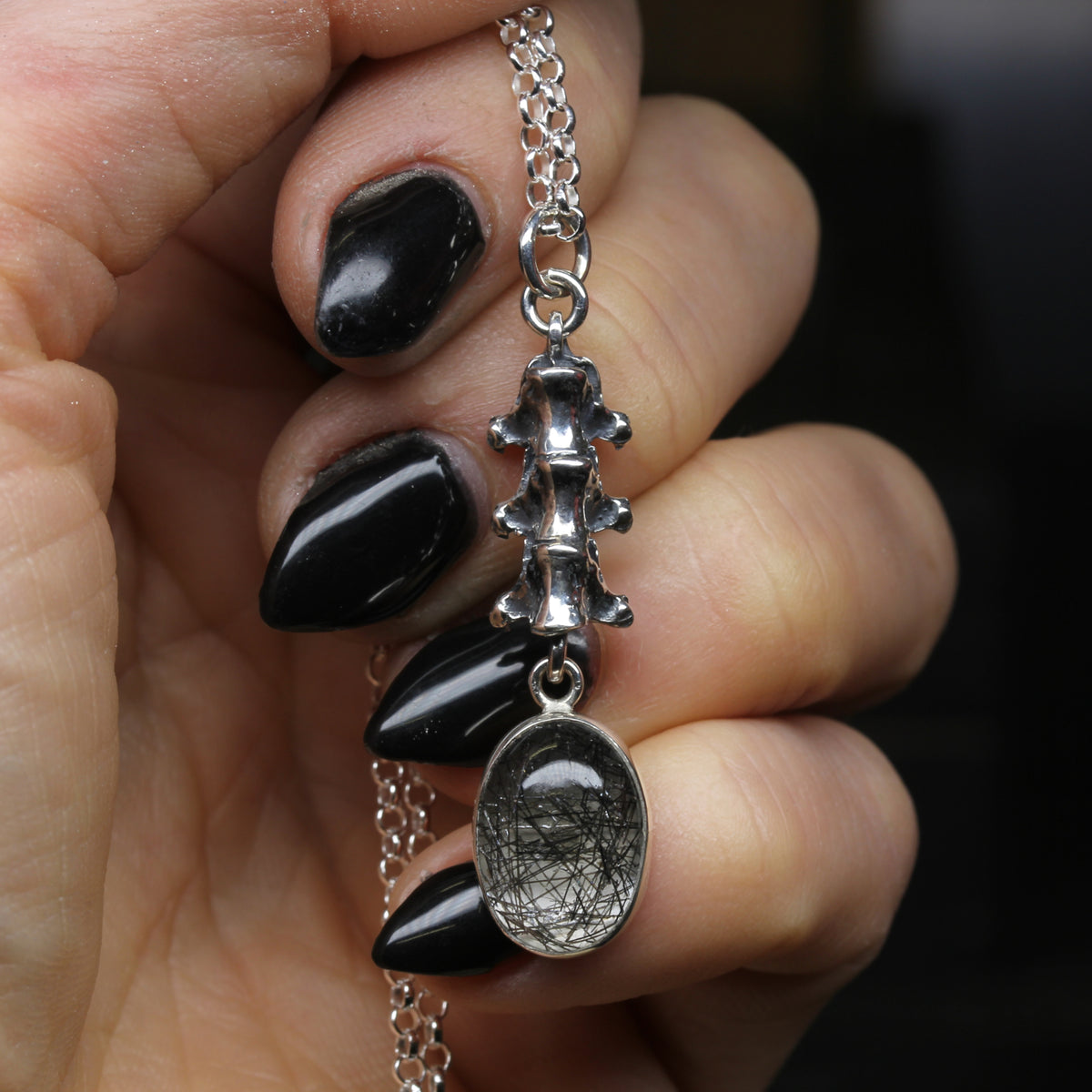 Silver Spine Necklace with Tourmalated Quartz Pendant – hellcatjewellery
