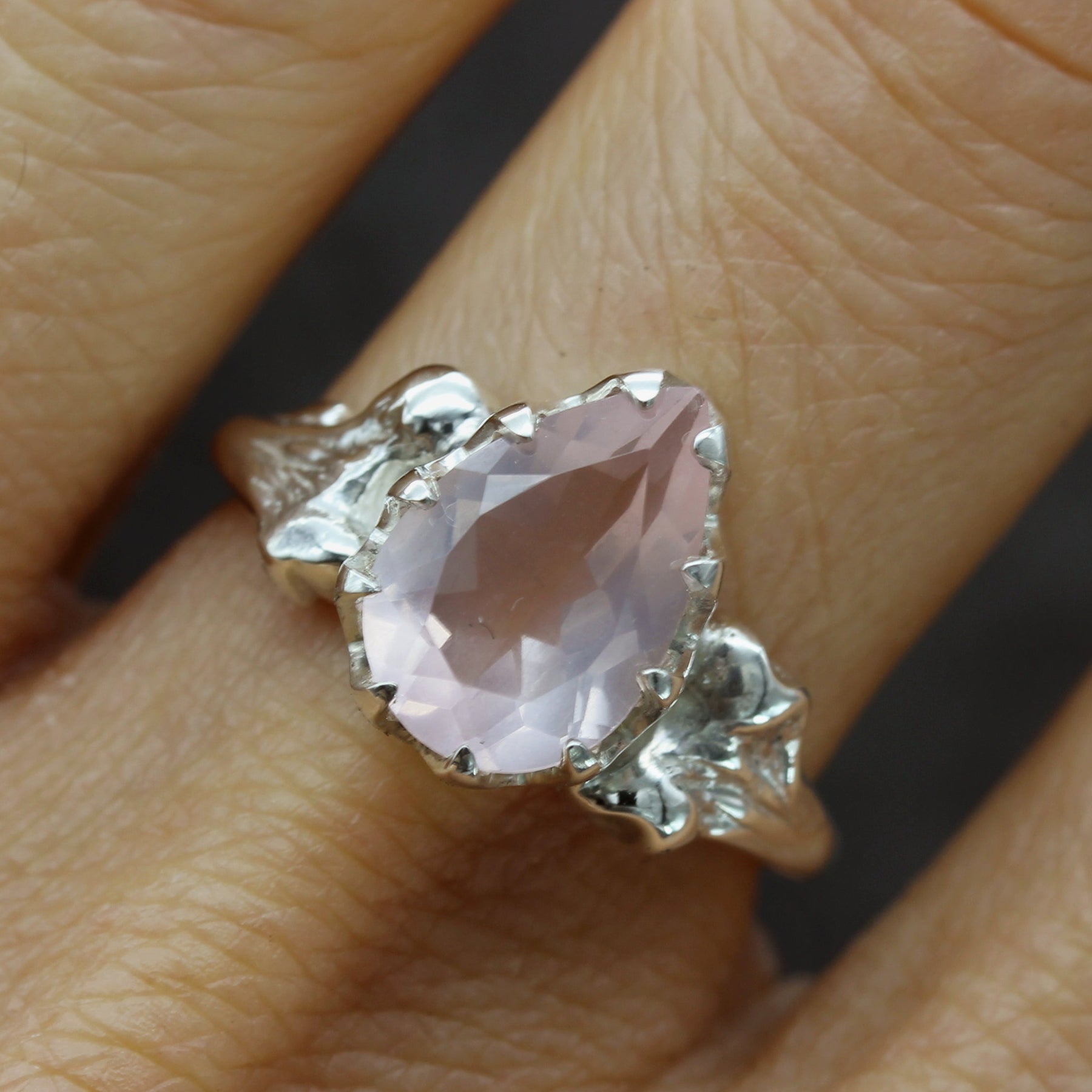 Pear Cut Rose Quartz Engagement Ring - Gothic Silver Bone ...