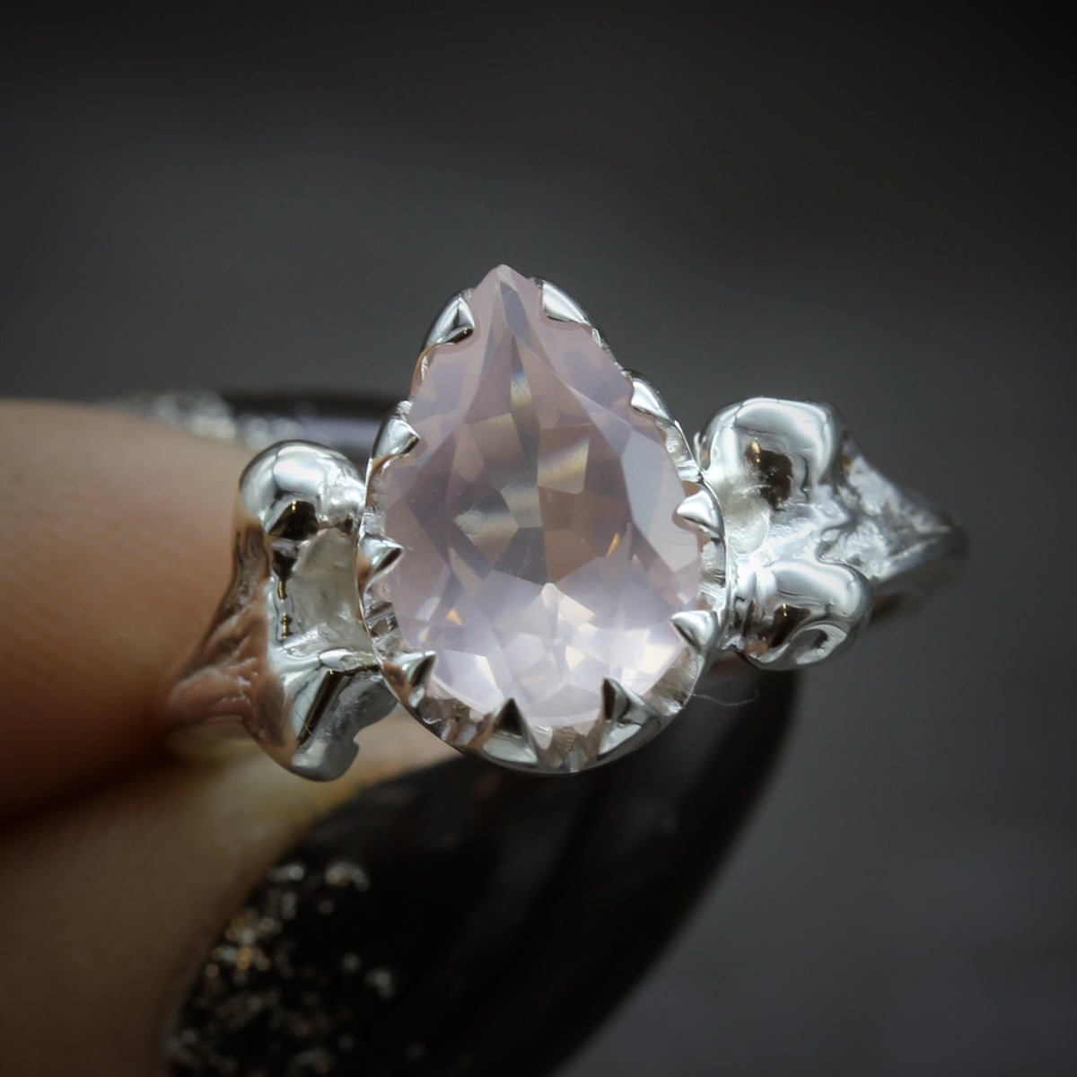 Pear Cut Rose Quartz Engagement Ring - Gothic Silver Bone ...